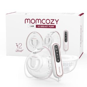 momcozy ultra-light & hands free breast pump v2, potent wearable pump with 27 pumping combinations, low noise painless portable double electric pump, 17/19/21/24/27mm flange