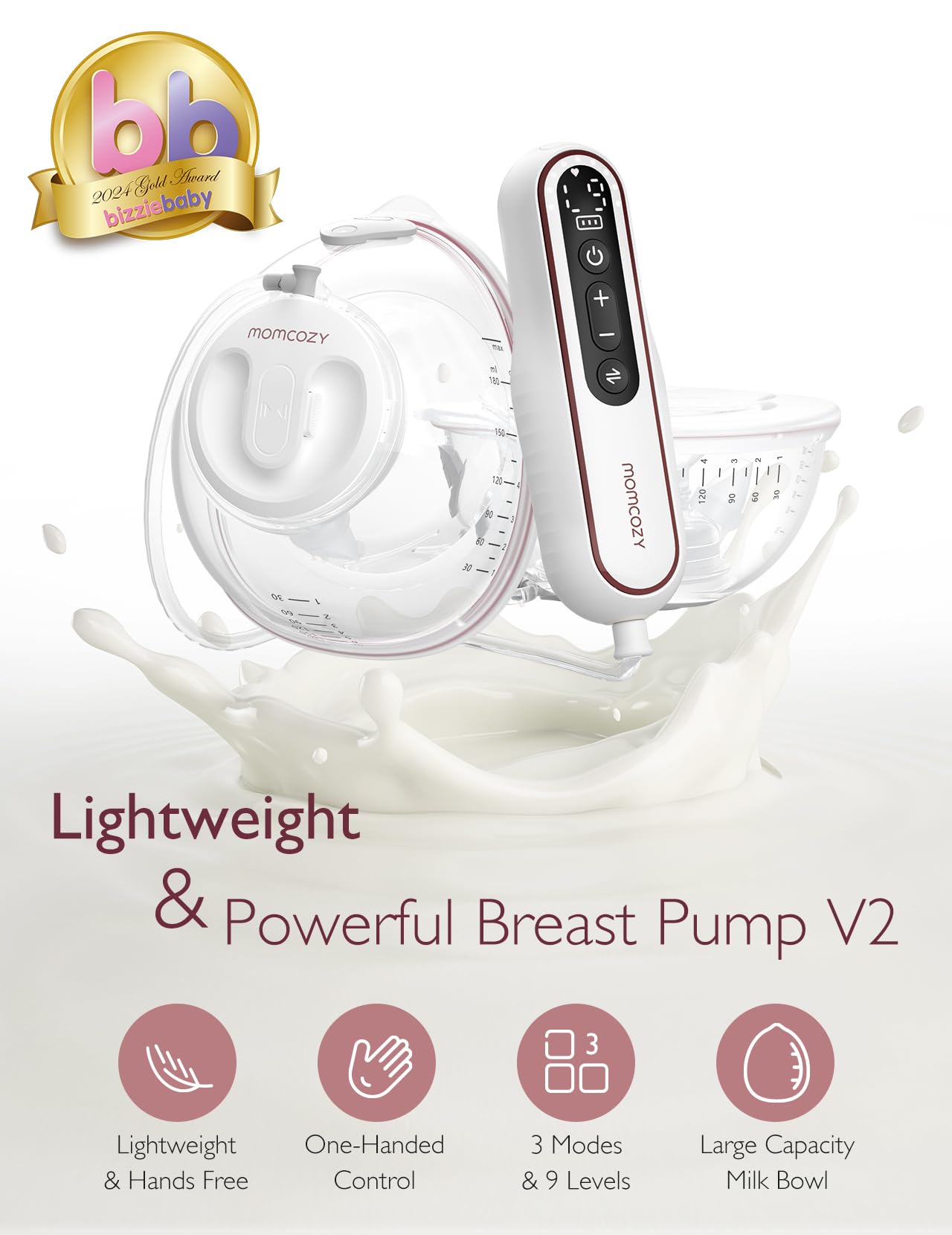 Momcozy Ultra-Light & Hands Free Breast Pump V2, Potent Wearable Pump with 27 Pumping Combinations, Low Noise Painless Portable Double Electric Pump, 17/19/21/24/27mm Flange