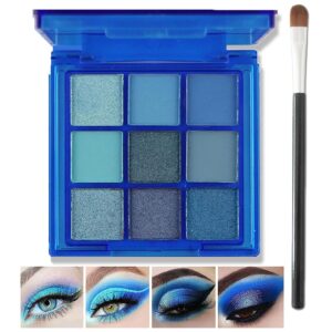 9 colors blue eyeshadow palette, eyeshadow palette for blue eyes, blue glitter eye shadow, shiny sparkle shimmer glitter blue eye shadow makeup, navy blue eyeshadow set for women, small eye makeup, eyeshadow brush included