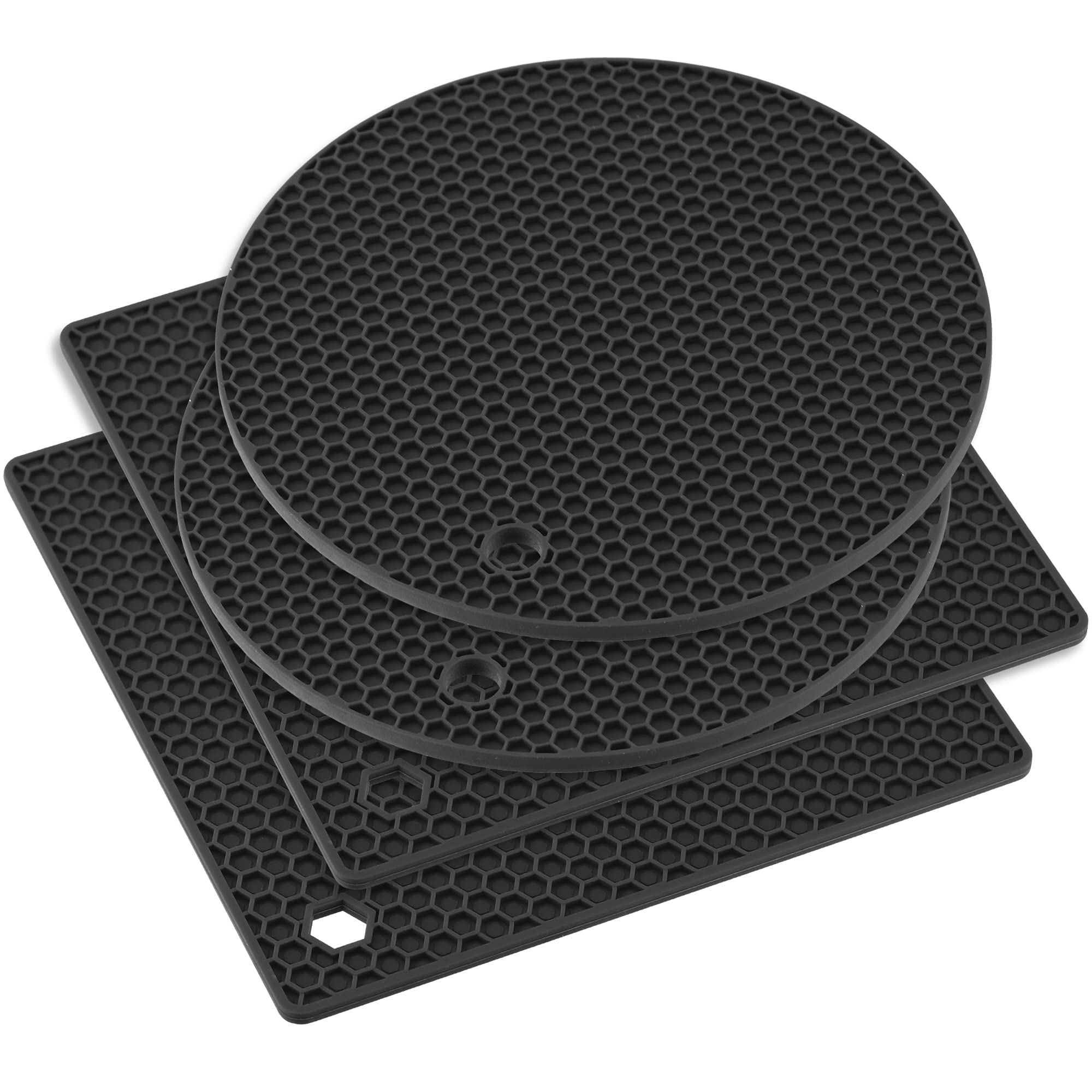 Silicone Trivet Mats Set of 4 - Heat Resistant Silicone Pot Holders, Silicone Mats for Kitchen for Hot Pots and Pans, Flexible Easy to Wash and Dry (7in, 2pcs Round + 2pcs Square, Black)