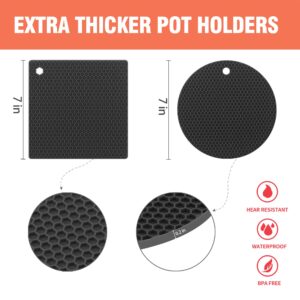 Silicone Trivet Mats Set of 4 - Heat Resistant Silicone Pot Holders, Silicone Mats for Kitchen for Hot Pots and Pans, Flexible Easy to Wash and Dry (7in, 2pcs Round + 2pcs Square, Black)