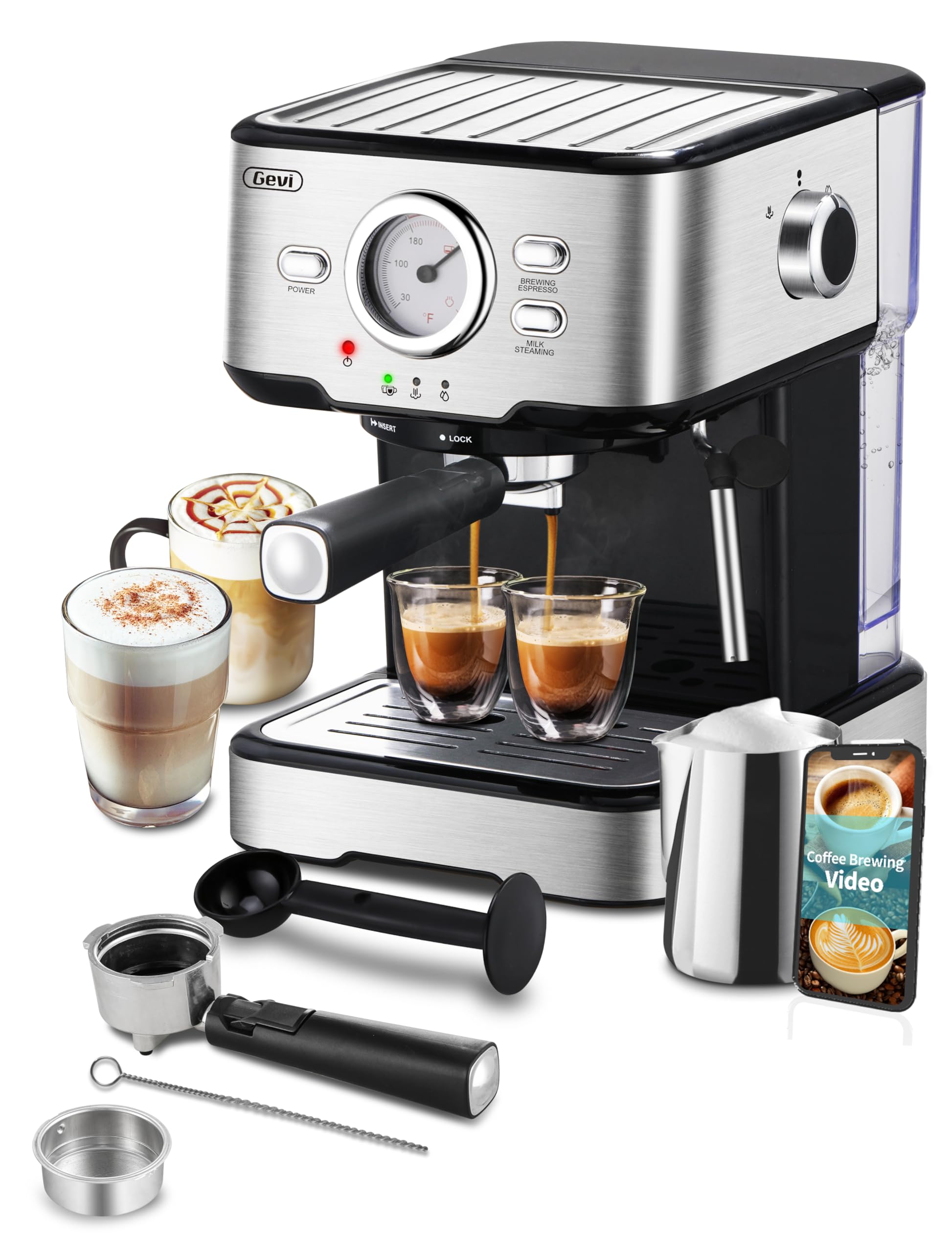 Gevi Espresso Machine, Espresso Maker with Milk Frother Steam Wand, Compact Espresso Super Automatic Espresso Machines for home Cappuccino, Latte, GECME403L-U