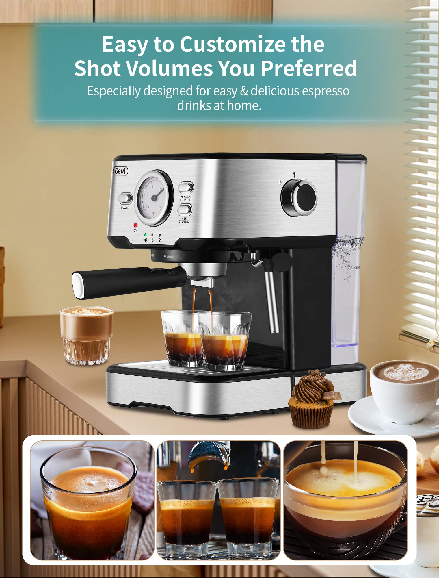 Gevi Espresso Machine, Espresso Maker with Milk Frother Steam Wand, Compact Espresso Super Automatic Espresso Machines for home Cappuccino, Latte, GECME403L-U