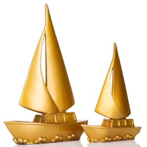 gold decor,2 piece golden sail boat sculpture, gold modern sculptures home deco,golden decor ornament, gold decorations statue decor, art sculpture,gold gift home office bathroom shelf, boat sculpture