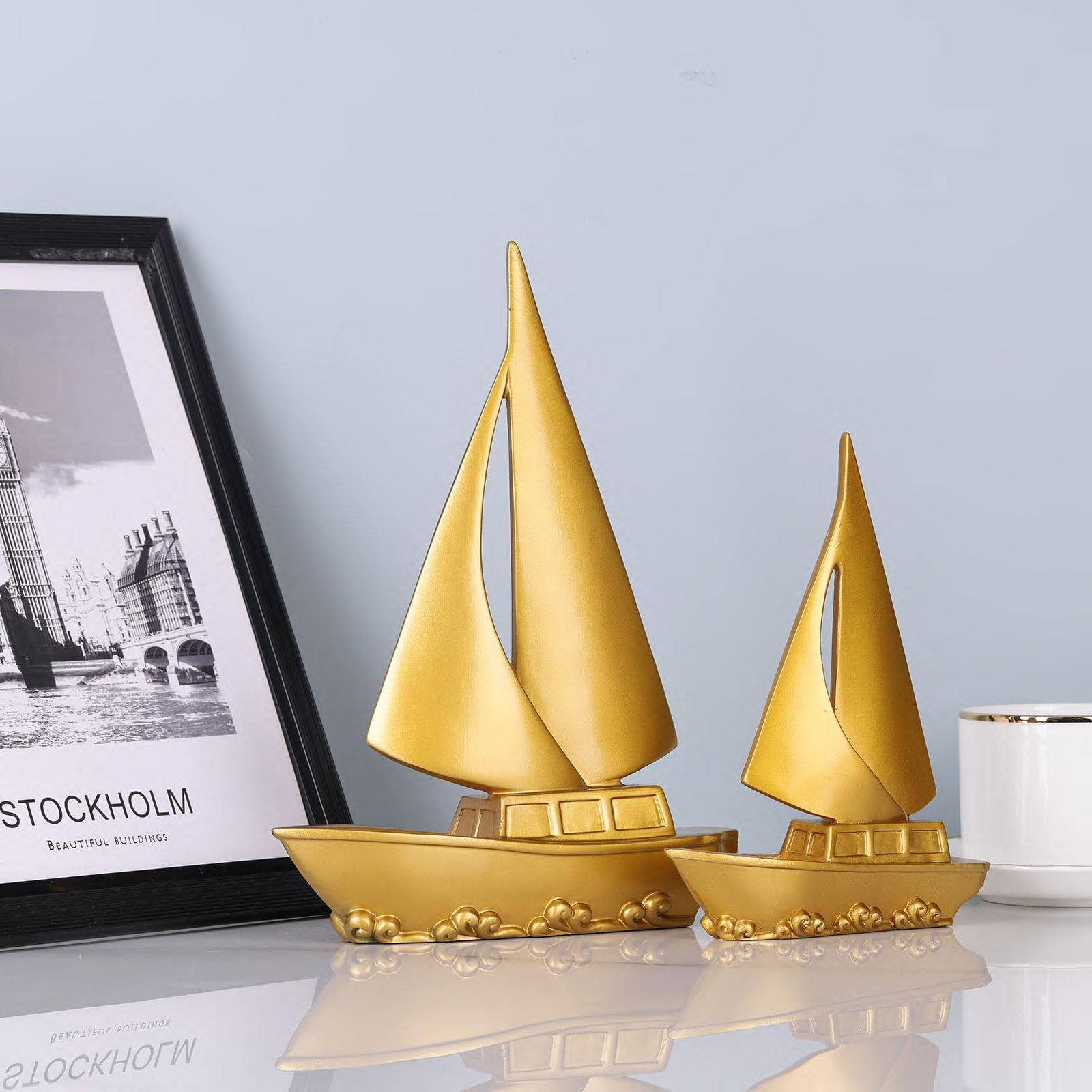 Gold Decor,2 Piece Golden Sail Boat Sculpture, Gold Modern Sculptures Home Deco,Golden Decor Ornament, Gold Decorations Statue Decor, Art Sculpture,Gold Gift Home Office Bathroom Shelf, Boat Sculpture