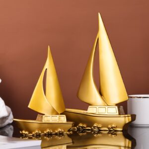 Gold Decor,2 Piece Golden Sail Boat Sculpture, Gold Modern Sculptures Home Deco,Golden Decor Ornament, Gold Decorations Statue Decor, Art Sculpture,Gold Gift Home Office Bathroom Shelf, Boat Sculpture