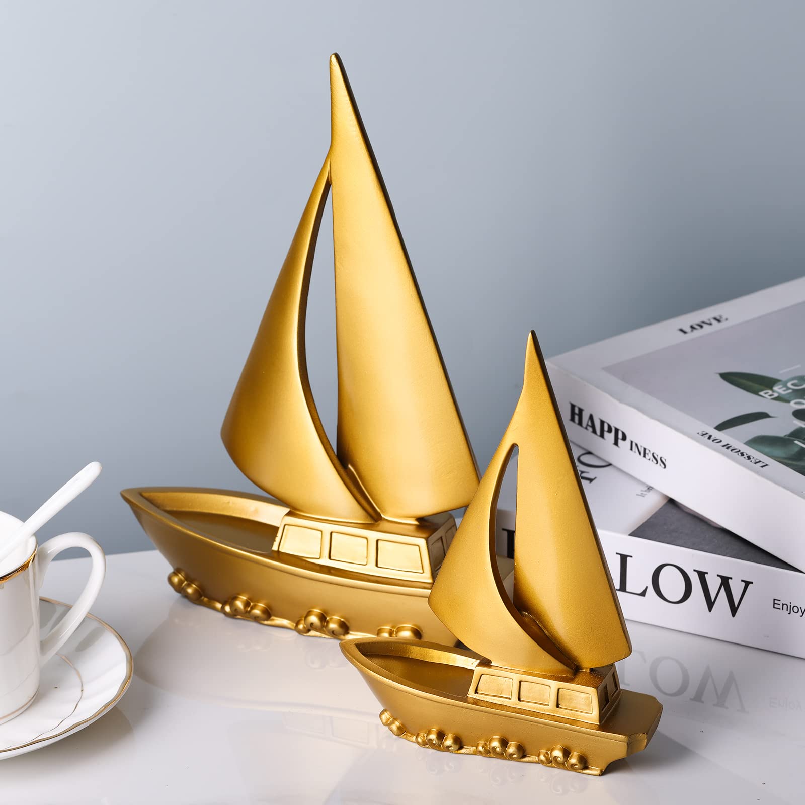 Gold Decor,2 Piece Golden Sail Boat Sculpture, Gold Modern Sculptures Home Deco,Golden Decor Ornament, Gold Decorations Statue Decor, Art Sculpture,Gold Gift Home Office Bathroom Shelf, Boat Sculpture