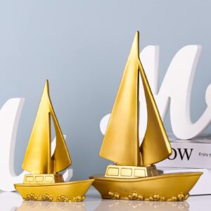 Gold Decor,2 Piece Golden Sail Boat Sculpture, Gold Modern Sculptures Home Deco,Golden Decor Ornament, Gold Decorations Statue Decor, Art Sculpture,Gold Gift Home Office Bathroom Shelf, Boat Sculpture