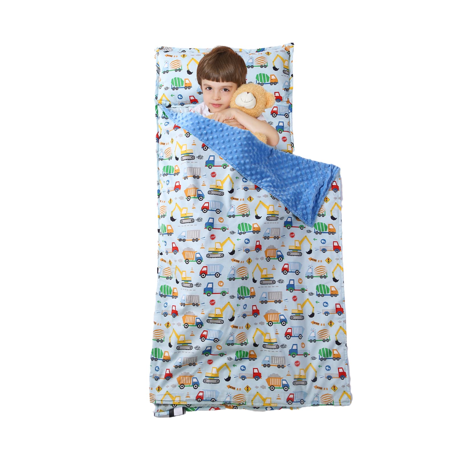 NapCure Toddler Nap Mat with Removable Pillow and Minky Blanket,Soft Rolled Napping Mats for Boys and Girls,Lightweight Daycare,Preschool,Travel Toddler Sleeping Slumber Bag-50”×20”(Truck and Digger)