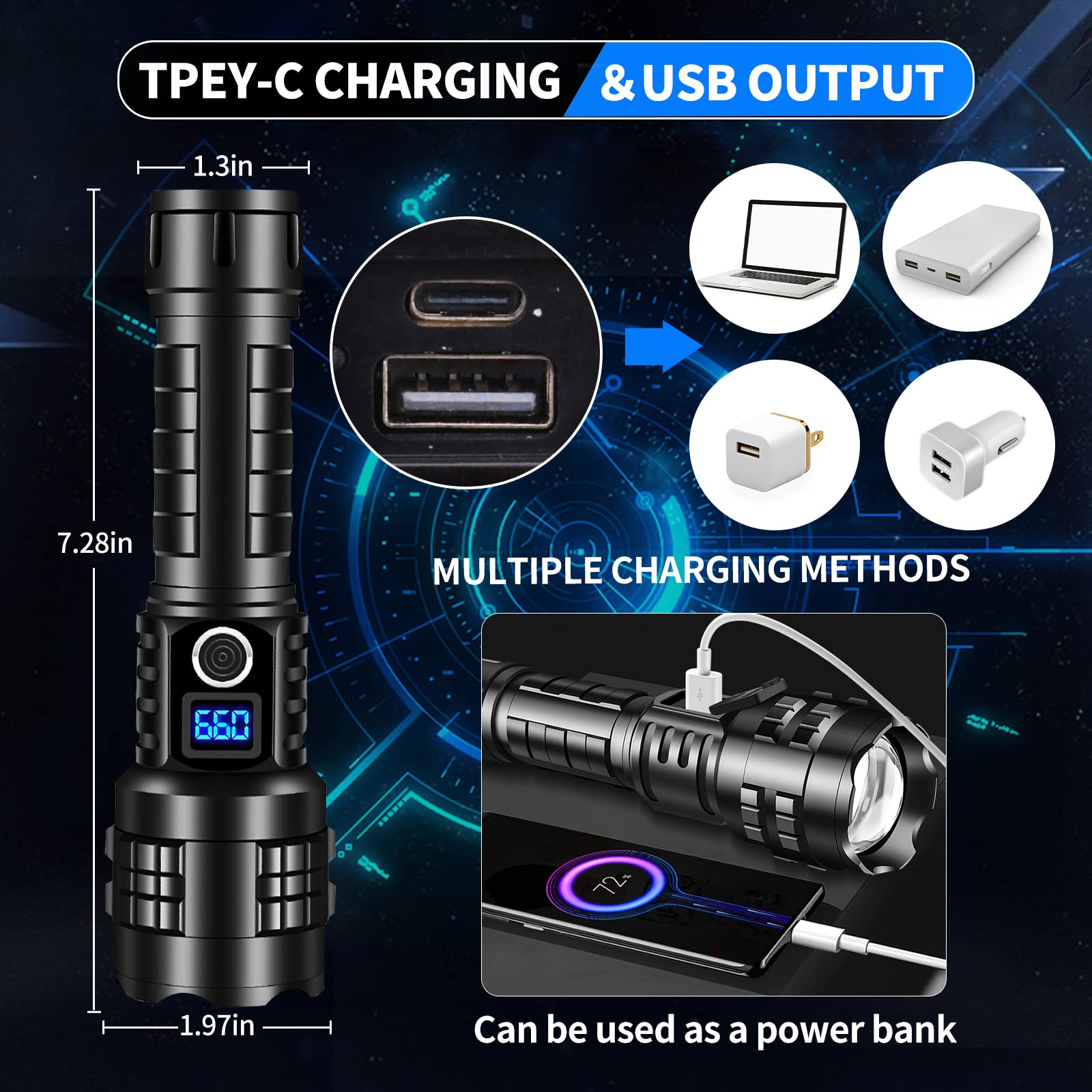 Rechargeable Flashlights High Lumens XHP99 990000 Lumens Brightest LED Tactical Flashlights Super Bright High Powered Flash Light, Powerful Handheld Hunting Flashlight for Emergency Hiking Battle