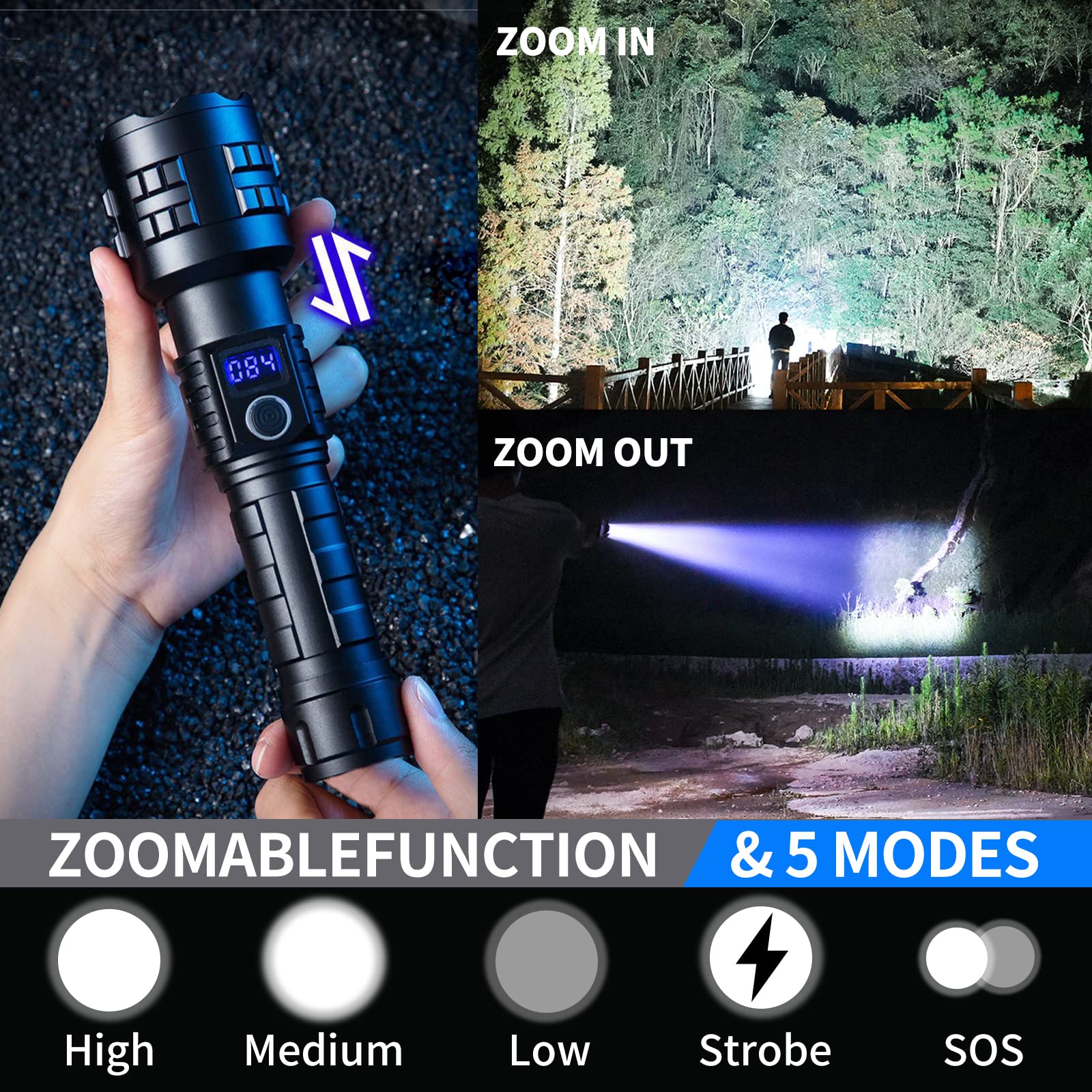 Rechargeable Flashlights High Lumens XHP99 990000 Lumens Brightest LED Tactical Flashlights Super Bright High Powered Flash Light, Powerful Handheld Hunting Flashlight for Emergency Hiking Battle