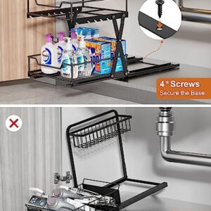 Metal Under Sink Organizer, 2 Tier Pull Out Cabinet Organizer with 5 Height Adjustable, Hold up to 80lbs, Multi-Purpose Organization and Storage For Kitchen Bathroom Pantry-Heavy Duty