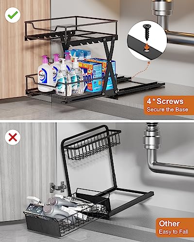 Metal Under Sink Organizer, 2 Tier Pull Out Cabinet Organizer with 5 Height Adjustable, Hold up to 80lbs, Multi-Purpose Organization and Storage For Kitchen Bathroom Pantry-Heavy Duty