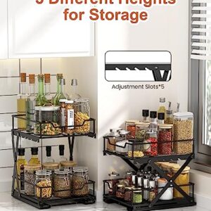 Metal Under Sink Organizer, 2 Tier Pull Out Cabinet Organizer with 5 Height Adjustable, Hold up to 80lbs, Multi-Purpose Organization and Storage For Kitchen Bathroom Pantry-Heavy Duty