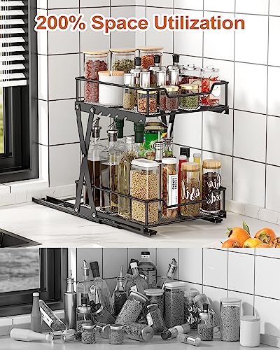 Metal Under Sink Organizer, 2 Tier Pull Out Cabinet Organizer with 5 Height Adjustable, Hold up to 80lbs, Multi-Purpose Organization and Storage For Kitchen Bathroom Pantry-Heavy Duty