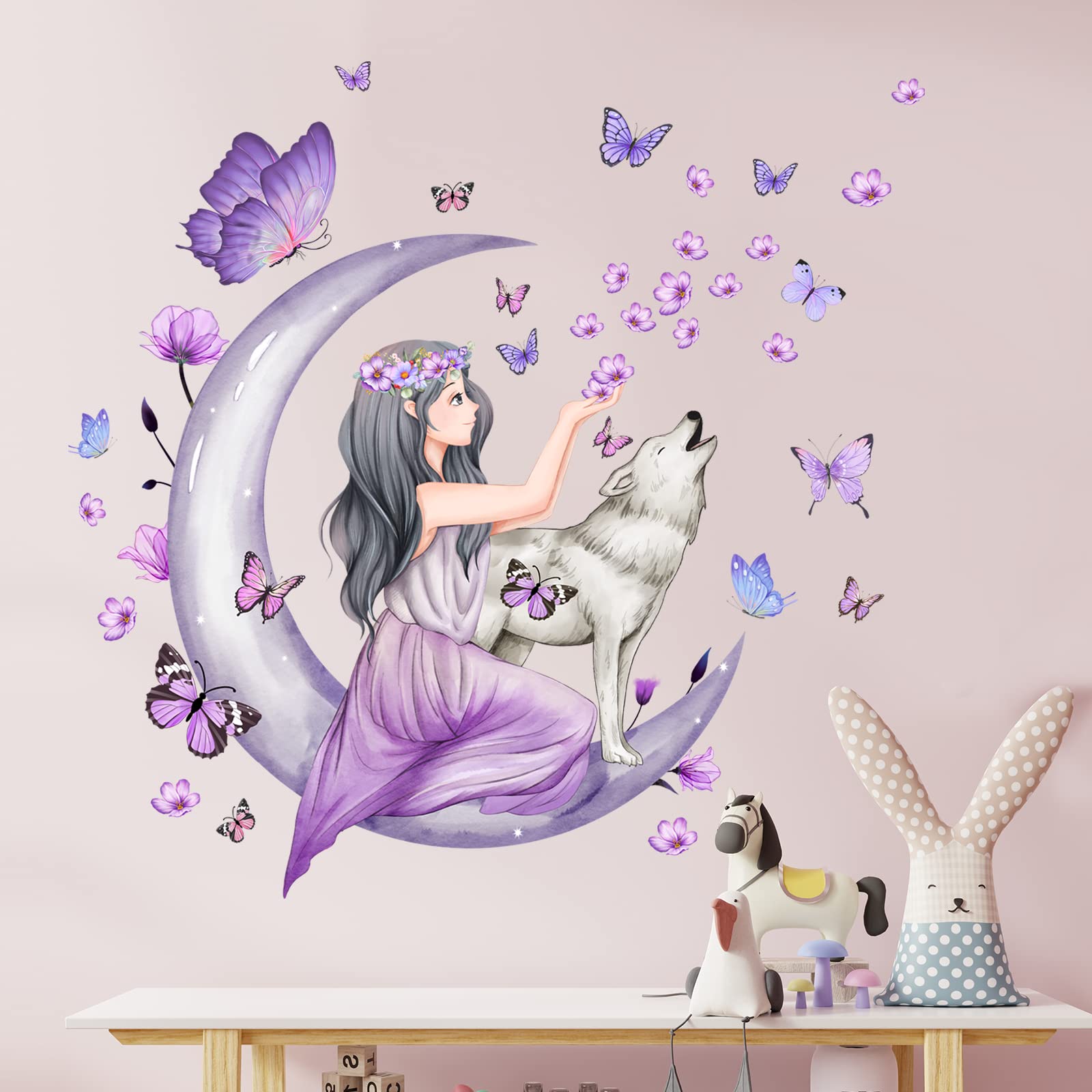 Fairy Girl Wall Sticker Purple Butterfly Flowers Wall Decals DIY Moon Wolf Wall Stickers Falling Floral Petals Wall Mural Removable Waterproof Wall Decor for Nursery Girl Bedroom