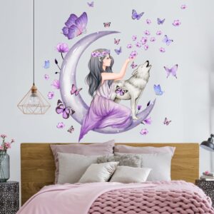 Fairy Girl Wall Sticker Purple Butterfly Flowers Wall Decals DIY Moon Wolf Wall Stickers Falling Floral Petals Wall Mural Removable Waterproof Wall Decor for Nursery Girl Bedroom