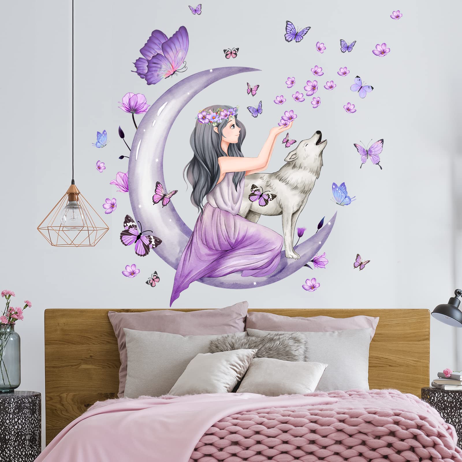 Fairy Girl Wall Sticker Purple Butterfly Flowers Wall Decals DIY Moon Wolf Wall Stickers Falling Floral Petals Wall Mural Removable Waterproof Wall Decor for Nursery Girl Bedroom