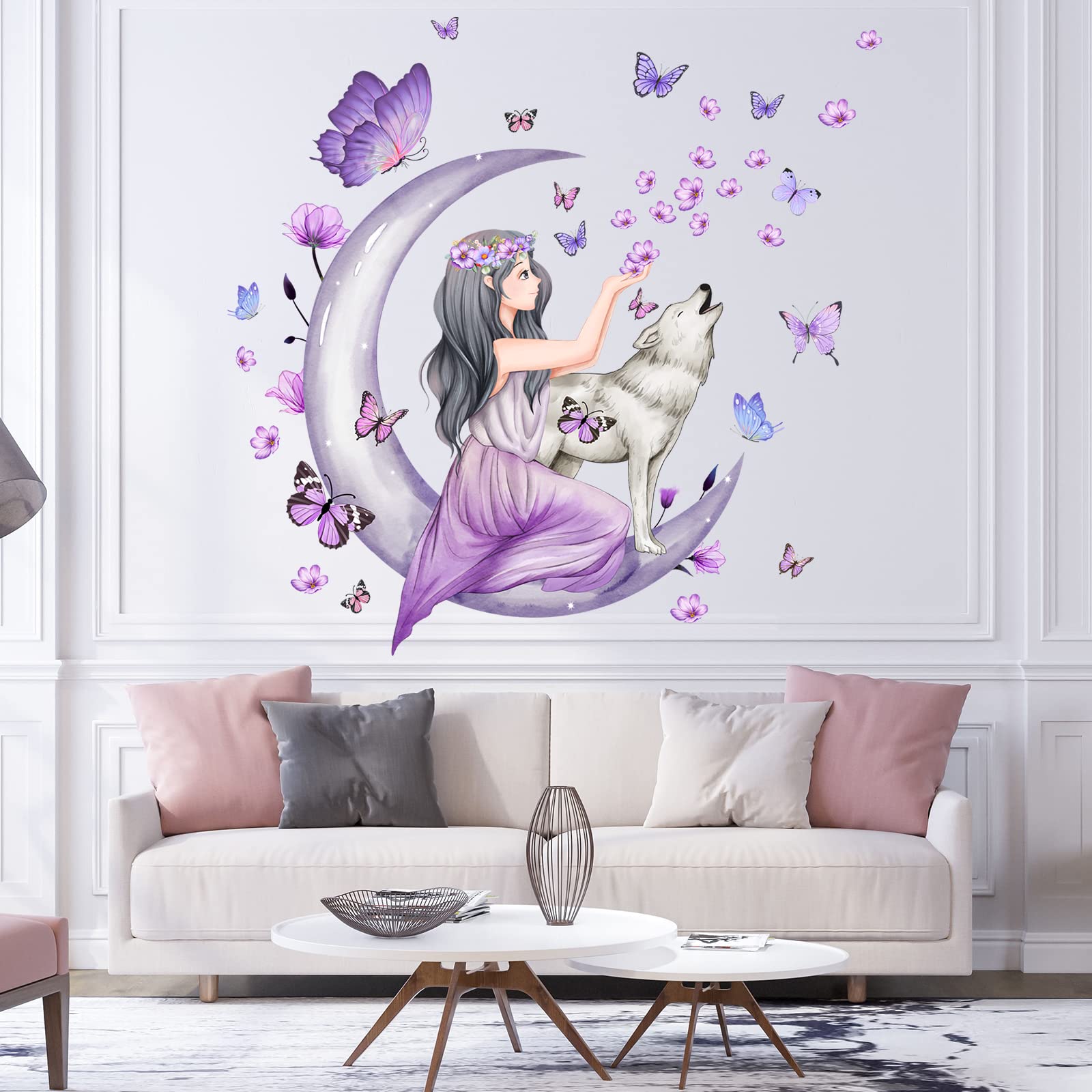 Fairy Girl Wall Sticker Purple Butterfly Flowers Wall Decals DIY Moon Wolf Wall Stickers Falling Floral Petals Wall Mural Removable Waterproof Wall Decor for Nursery Girl Bedroom