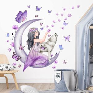 Fairy Girl Wall Sticker Purple Butterfly Flowers Wall Decals DIY Moon Wolf Wall Stickers Falling Floral Petals Wall Mural Removable Waterproof Wall Decor for Nursery Girl Bedroom