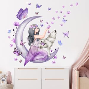 Fairy Girl Wall Sticker Purple Butterfly Flowers Wall Decals DIY Moon Wolf Wall Stickers Falling Floral Petals Wall Mural Removable Waterproof Wall Decor for Nursery Girl Bedroom