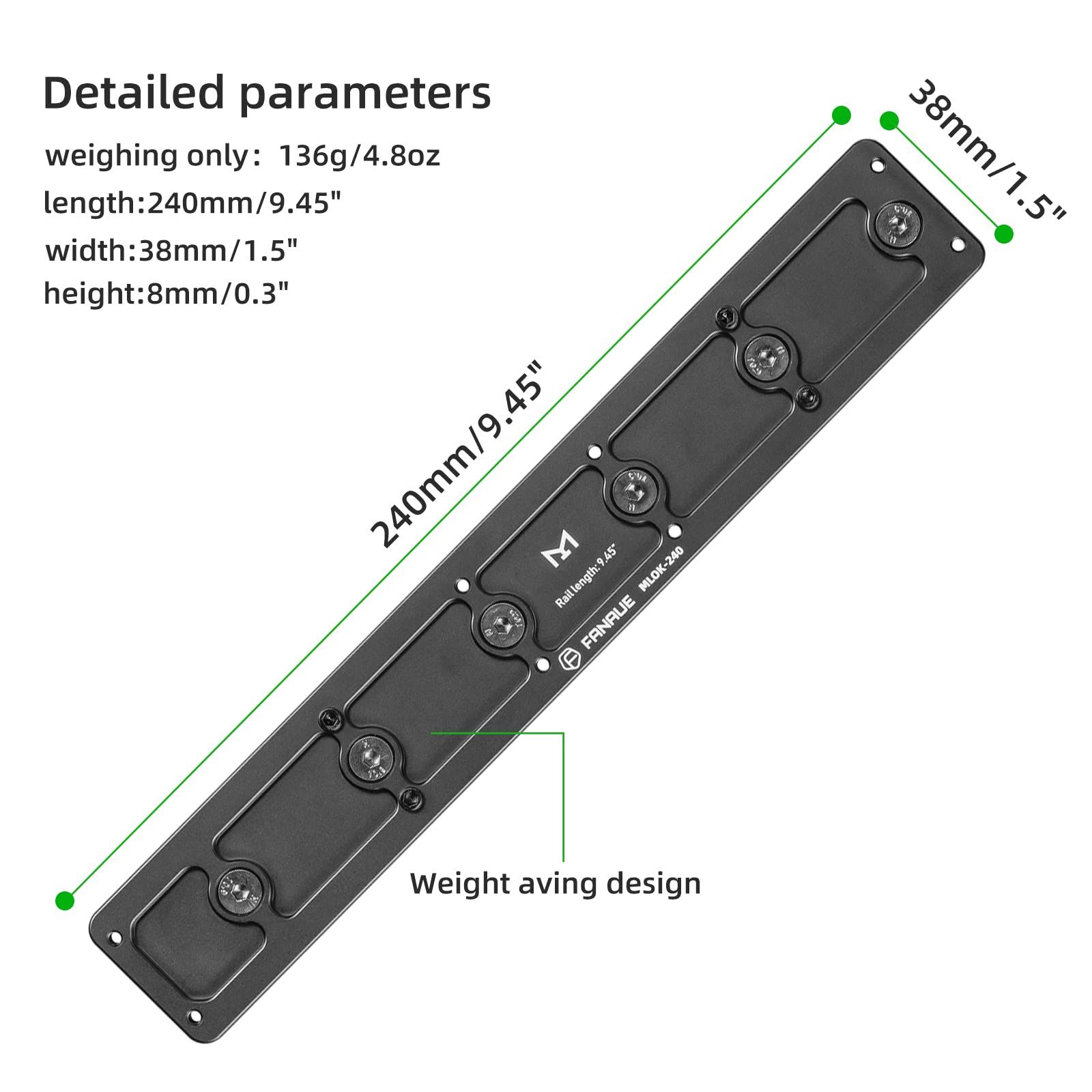 FANAUE MLok Arca Rail Tripod Mount Adapter Compatiable Arca-Swiss/RRS Dovetail Tripod Ballhead Quick Release Plate (MLOK-240)