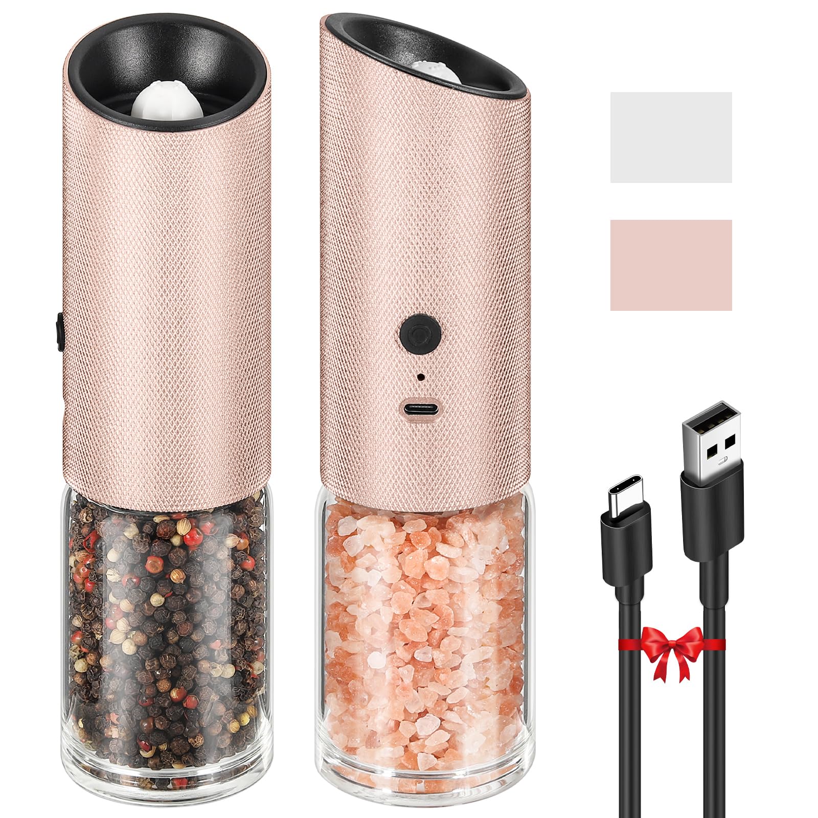 VUCCHINI Electric Gold Salt and Pepper Grinder Set - Adjustable Coarseness Automatic Pepper Mill Grinder - One Hand Automatic Operation Rechargeable Stainless Steel Salt Grinder Pink