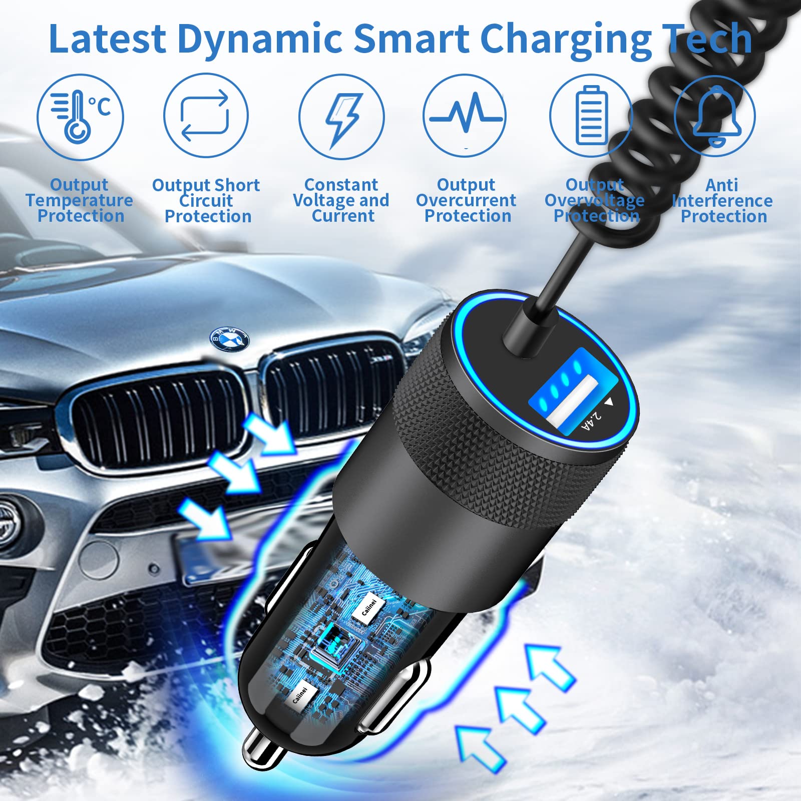 iPhone Fast Car Charger, [Apple MFi Certified] 66W Fast Car Charging Cigarette Lighter USB Car Adapter with Built-in 6FT Coiled Lightning Cable for Apple iPhone 15/14/13/12/11/Xs/XS Max/XR/X/8/7, iPad