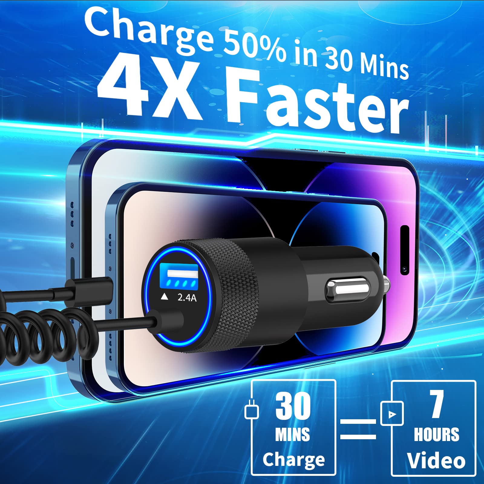 iPhone Fast Car Charger, [Apple MFi Certified] 66W Fast Car Charging Cigarette Lighter USB Car Adapter with Built-in 6FT Coiled Lightning Cable for Apple iPhone 15/14/13/12/11/Xs/XS Max/XR/X/8/7, iPad