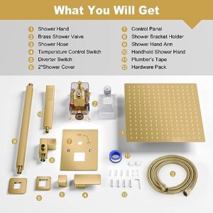 Shower System, HotQing 12 Inches High Pressure Shower Head with Rain Handheld Combo Set, Ceiling Mounted Dual Shower Head System, Bathroom Shower Faucet Set Rough-in Valve Body and Trim Brushed Gold