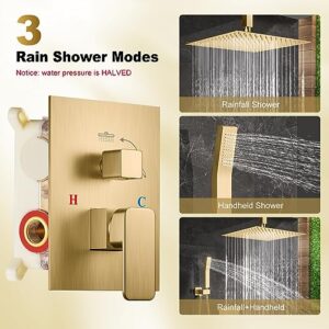 Shower System, HotQing 12 Inches High Pressure Shower Head with Rain Handheld Combo Set, Ceiling Mounted Dual Shower Head System, Bathroom Shower Faucet Set Rough-in Valve Body and Trim Brushed Gold