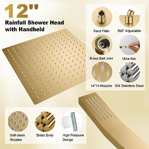 Shower System, HotQing 12 Inches High Pressure Shower Head with Rain Handheld Combo Set, Ceiling Mounted Dual Shower Head System, Bathroom Shower Faucet Set Rough-in Valve Body and Trim Brushed Gold