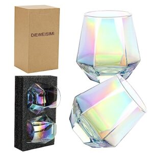 dieweisimi wine glasses set of 2, diamond stemless wine glasses - iridescent glassware