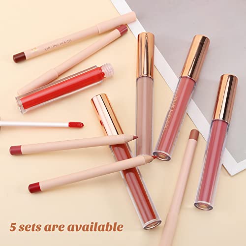 Boobeen Liquid Matte Lipstick and Lip Line Pencil Set, Nude Red Lip Makeup Longwear Waterproof Lipliner Pens & Velvet Lip Stain Lip Gloss Smooth Matte Lip Color Make Up Gift Set