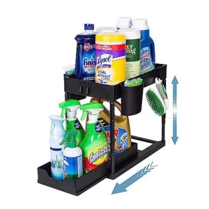 evismo 2-tier under sink organizer, bathroom & kitchen multipurpose cabinet storage, with pull-out sliding drawer, hooks & hanging cups, adjustable height, cabinet organizer, black