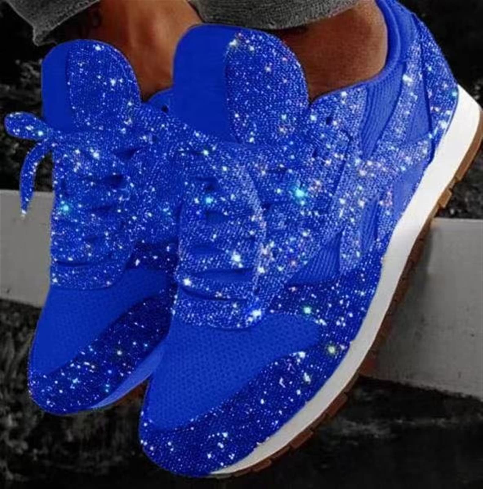 Glitter Tennis Sneakers for Women's Fashion Slip On Lace Up Sport Shoes Ladies Comfy Crystal Bling Sparkly Breathable Lightweight Walking Dress Shoes Orthotic Flat Heel Sneakers (Color : Dark Blue,