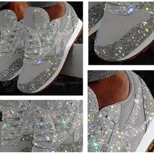 Glitter Tennis Sneakers for Women's Fashion Slip On Lace Up Sport Shoes Ladies Comfy Crystal Bling Sparkly Breathable Lightweight Walking Dress Shoes Orthotic Flat Heel Sneakers (Color : Dark Blue,