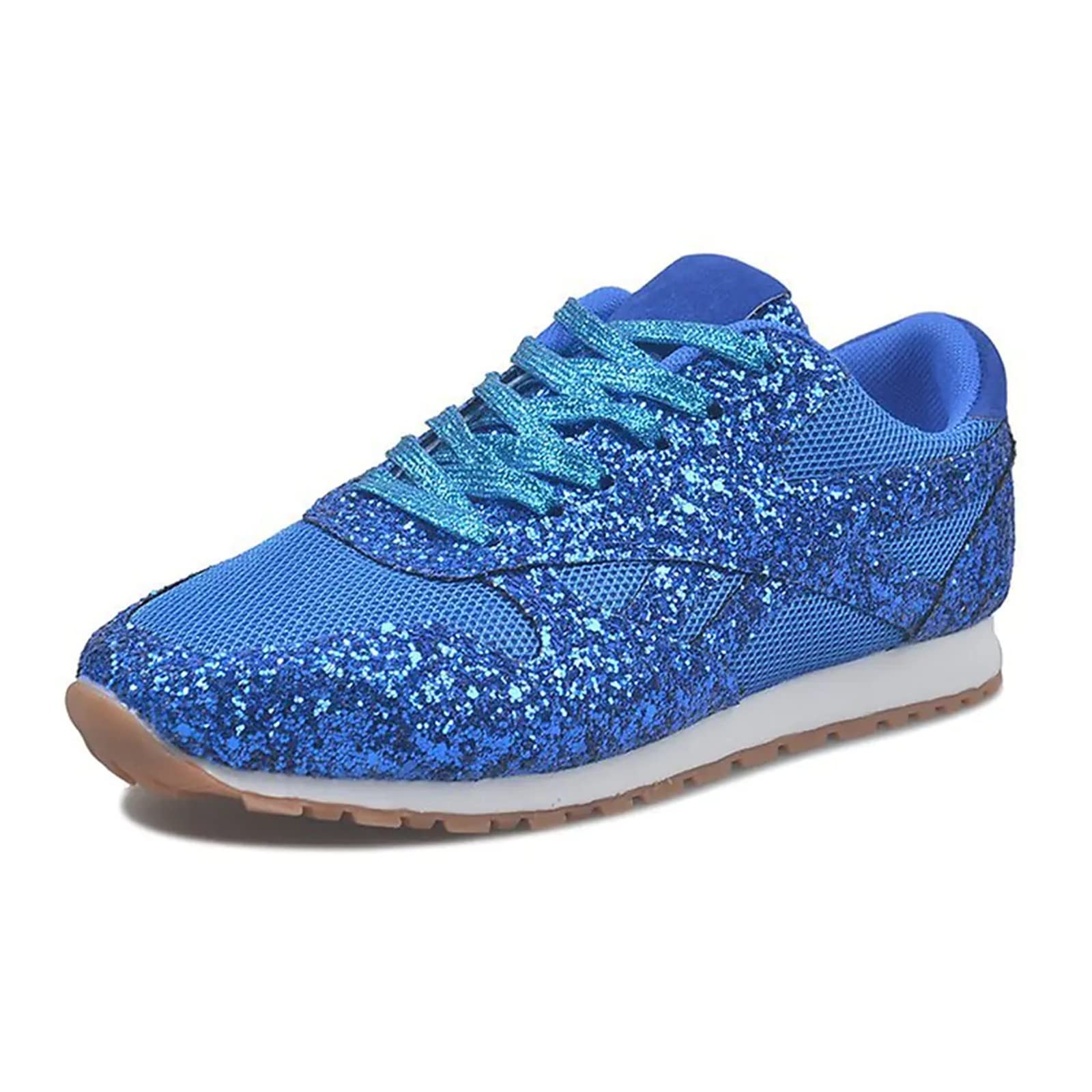 Glitter Tennis Sneakers for Women's Fashion Slip On Lace Up Sport Shoes Ladies Comfy Crystal Bling Sparkly Breathable Lightweight Walking Dress Shoes Orthotic Flat Heel Sneakers (Color : Dark Blue,