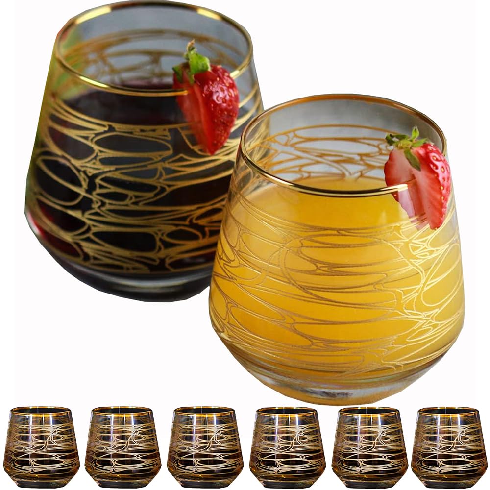 Vissmarta Gold Rim Cocktail Drinking Glasses Set of 6 Glassware Rimmed Trim Crystal, Juice Water Glasses Set, Drinkware, Drinks, Bar, Vintage, Fancy