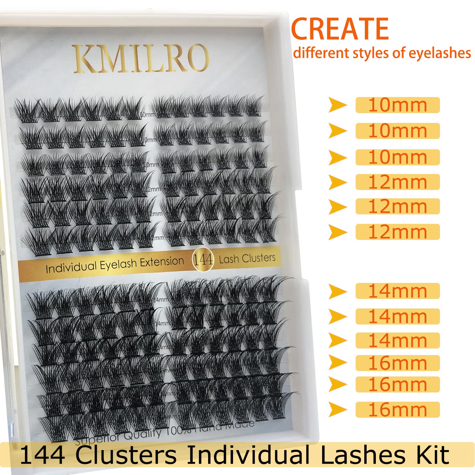 Lash Clusters 144 Pcs Cluster Lashes DIY Eyelash Extensions C D Curl 10-16mm Mega Volume Fluffy Individual Lashes Wispy Eyelashes DIY at Home, by Kmilro (Volume, 0.07C-10-16mm Mix)