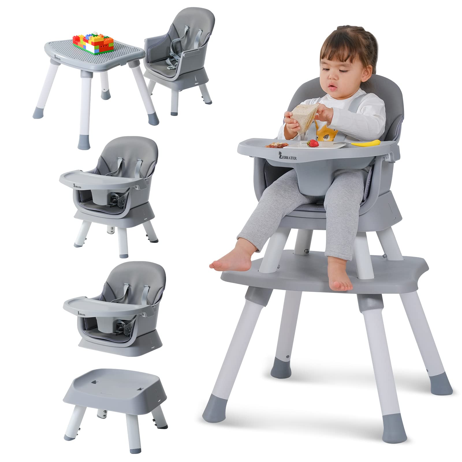 ZEBRATER Baby Highchair,8 in 1 Highchair for Babies and Toddlers,Convertible HighChair for Baby, Kids Learning Table,Building Block Table,Kids Stool Table Chair Set with Removable Tray(Grey)…