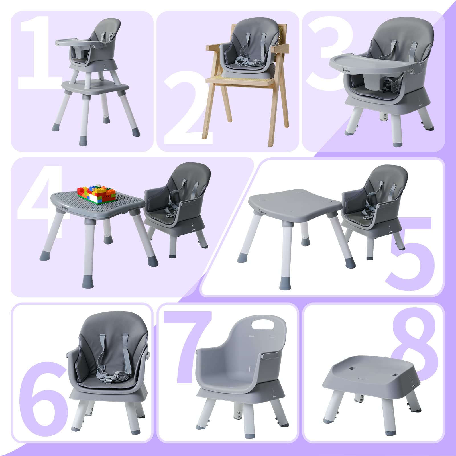 ZEBRATER Baby Highchair,8 in 1 Highchair for Babies and Toddlers,Convertible HighChair for Baby, Kids Learning Table,Building Block Table,Kids Stool Table Chair Set with Removable Tray(Grey)…