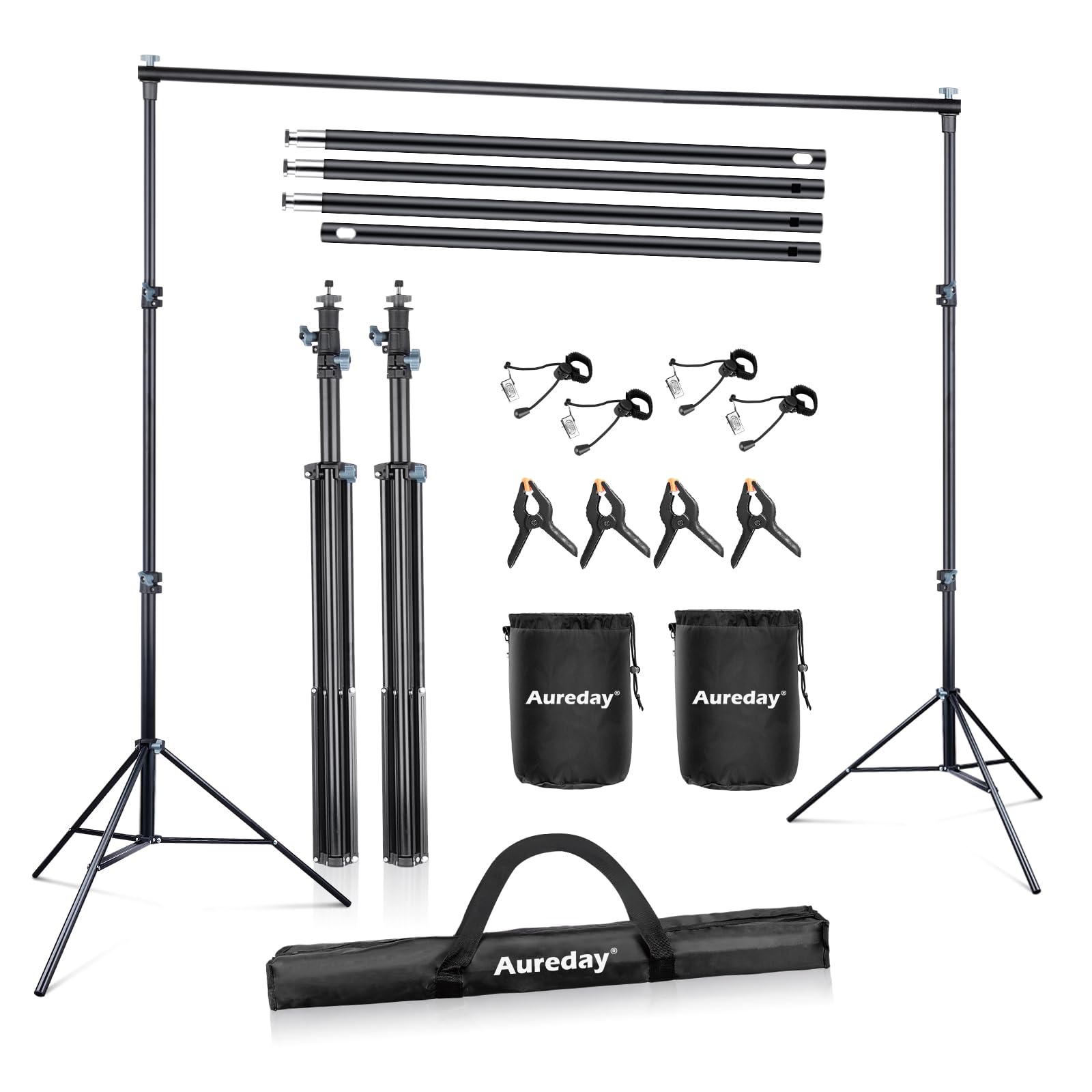 Aureday Backdrop Stand, 10x10Ft Adjustable Photo Backdrop Stand Kit with 4 Crossbars, 6 Spring Clamps, 6 Background Clamps, 2 Weight Bags and Carrying Bag for Parties/Wedding/Photography/Decoration