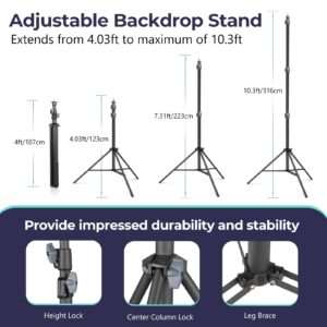 Aureday Backdrop Stand, 10x10Ft Adjustable Photo Backdrop Stand Kit with 4 Crossbars, 6 Spring Clamps, 6 Background Clamps, 2 Weight Bags and Carrying Bag for Parties/Wedding/Photography/Decoration