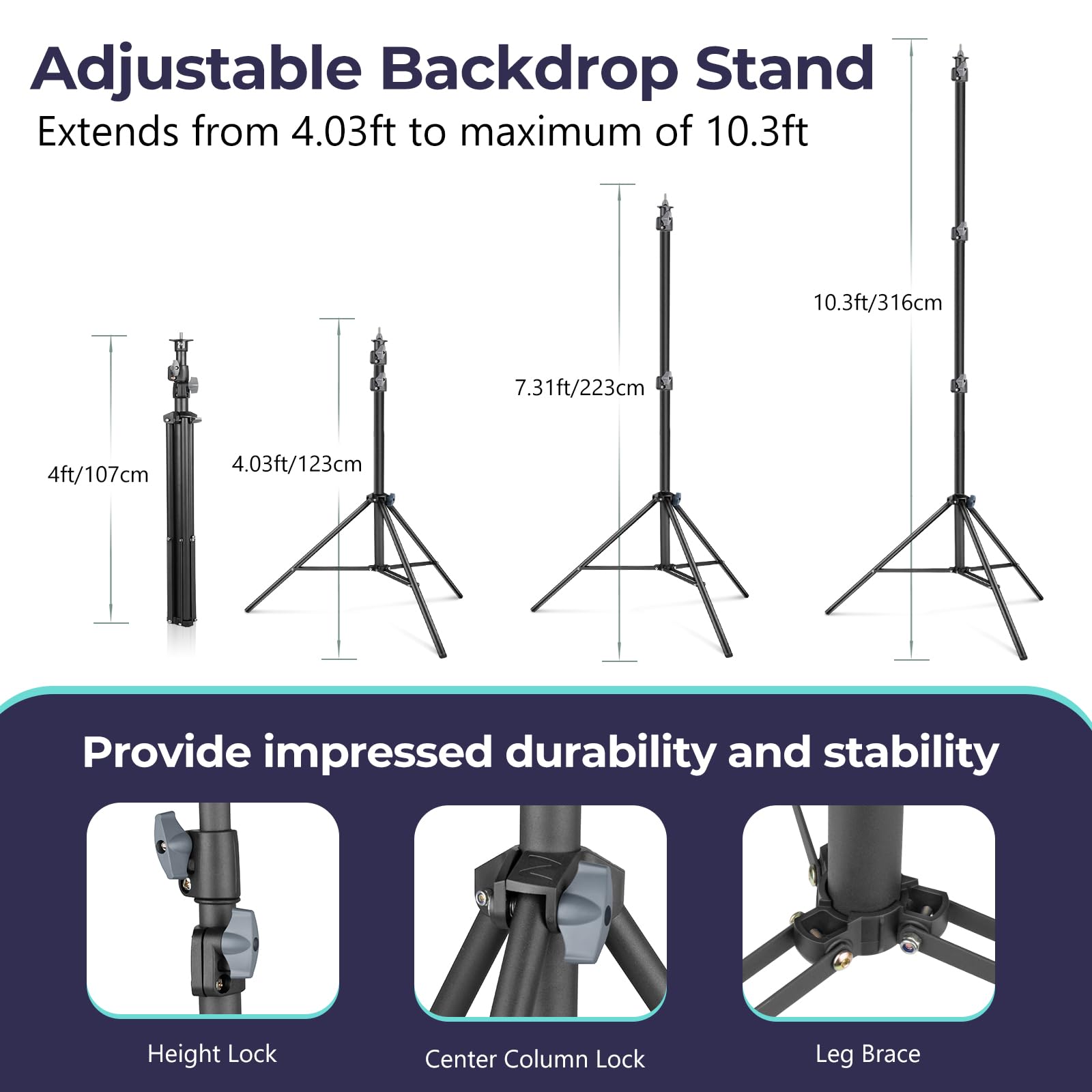 Aureday Backdrop Stand, 10x10Ft Adjustable Photo Backdrop Stand Kit with 4 Crossbars, 6 Spring Clamps, 6 Background Clamps, 2 Weight Bags and Carrying Bag for Parties/Wedding/Photography/Decoration