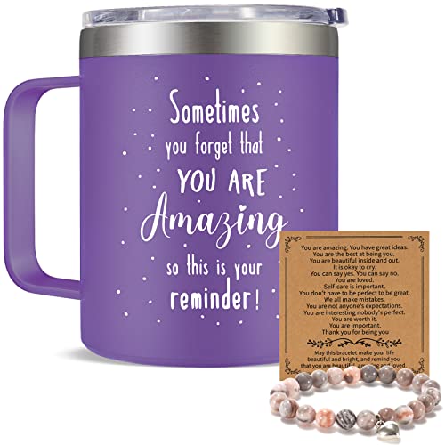 Inspirational Mug for Women, Encouragement Cheer Up Gift, Motivation Gifts for Daughter Wife Friend Girlfriend Birthday, Purple Gift, 12oz Coffee Mug And Natural Stone Bracelets Set