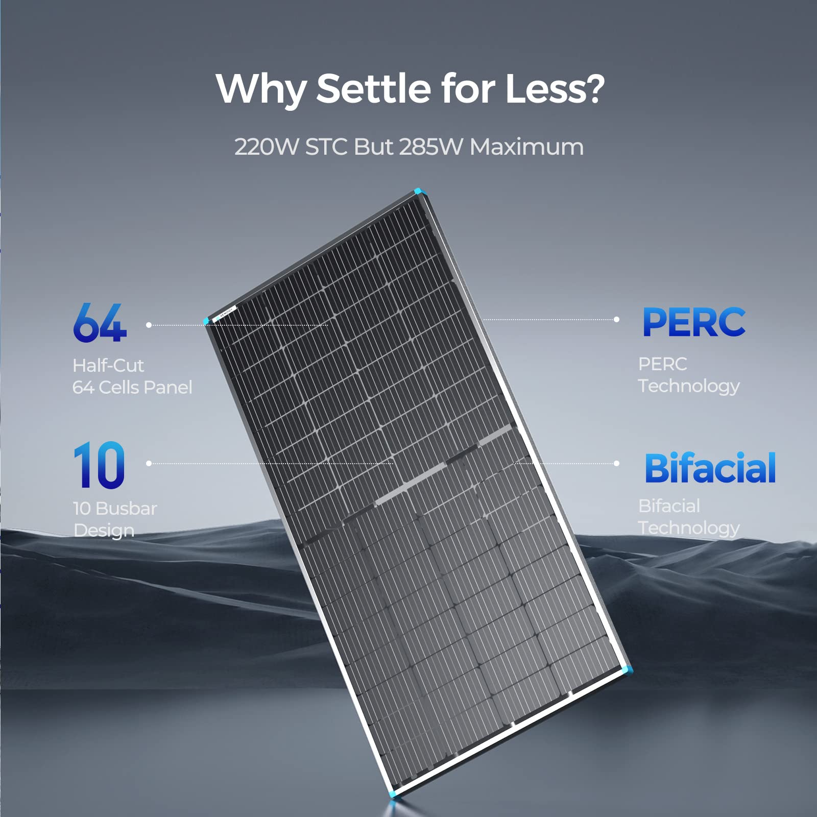 Renogy Bifacial 220 Watt 12 Volt Solar Panel Monocrystalline Rigid High-Efficiency PV Module Power Charger for RV Marine Rooftop Farm Battery and Other Off-Grid Applications