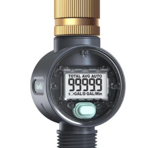 RAINPOINT Water Flow Meter with Brass Inlet, Water Meter for Garden Hose Watering, Lawn Sprinkler, RV Water Tank Filling, Track Water Usage & Flow Rate, IPX6 Waterproof, ±3% Accuracy, Gallon/Liter