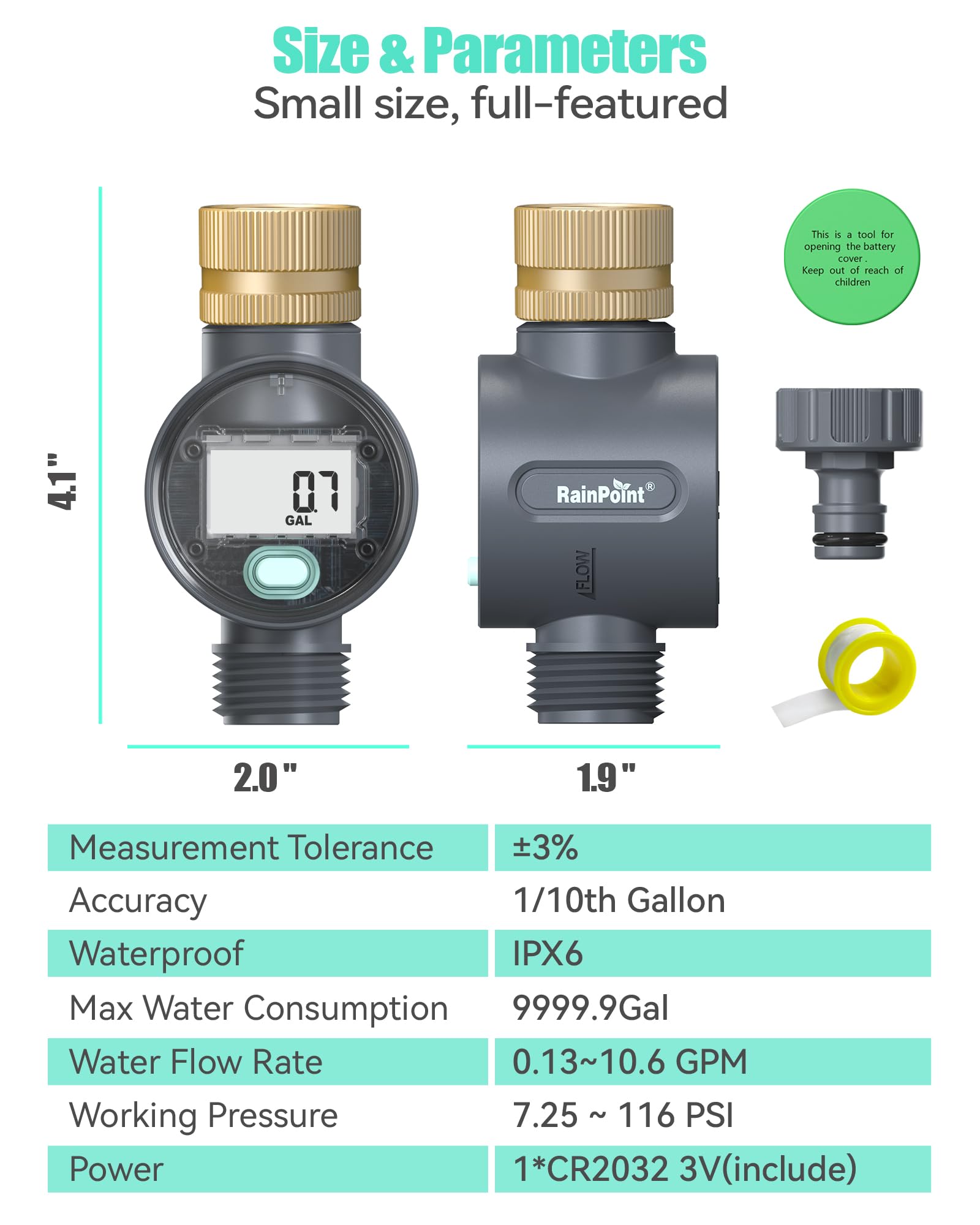 RAINPOINT Water Flow Meter with Brass Inlet, Water Meter for Garden Hose Watering, Lawn Sprinkler, RV Water Tank Filling, Track Water Usage & Flow Rate, IPX6 Waterproof, ±3% Accuracy, Gallon/Liter