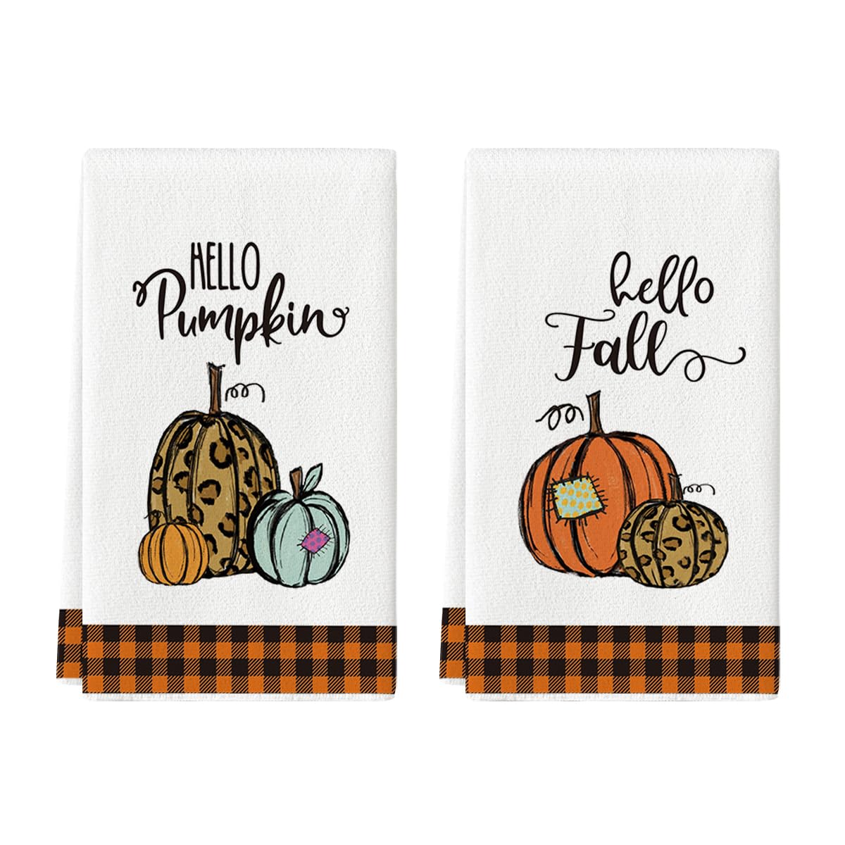 Artoid Mode Black White Buffalo Plaid Hello Pumpkin Fall Kitchen Towels Dish Towels, 18x26 Inch Seasonal Decoration Hand Towels Set of 2